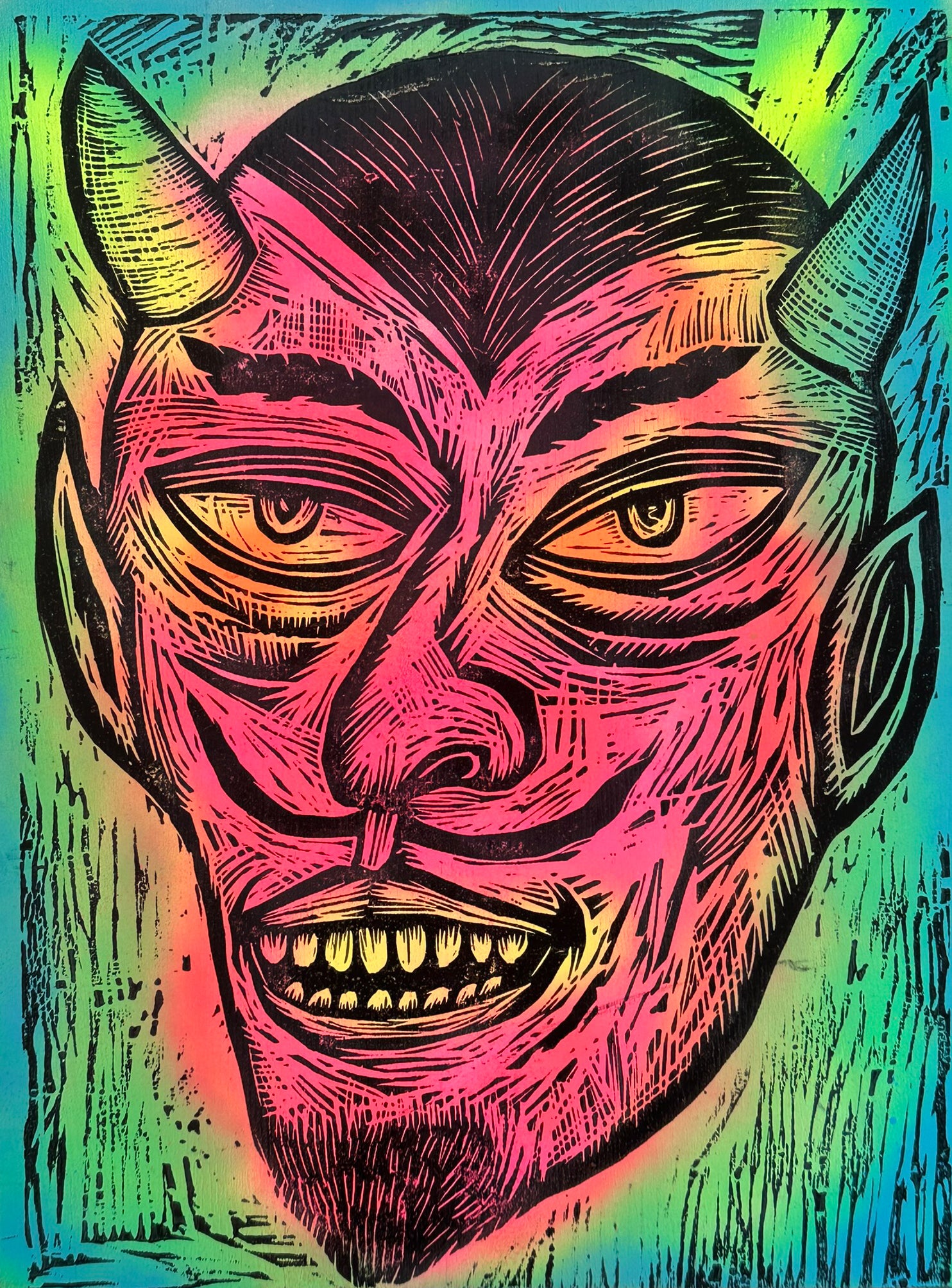 Devil Head Woodcut Printed on Painted Wooden Panel – Woodcut Funhouse