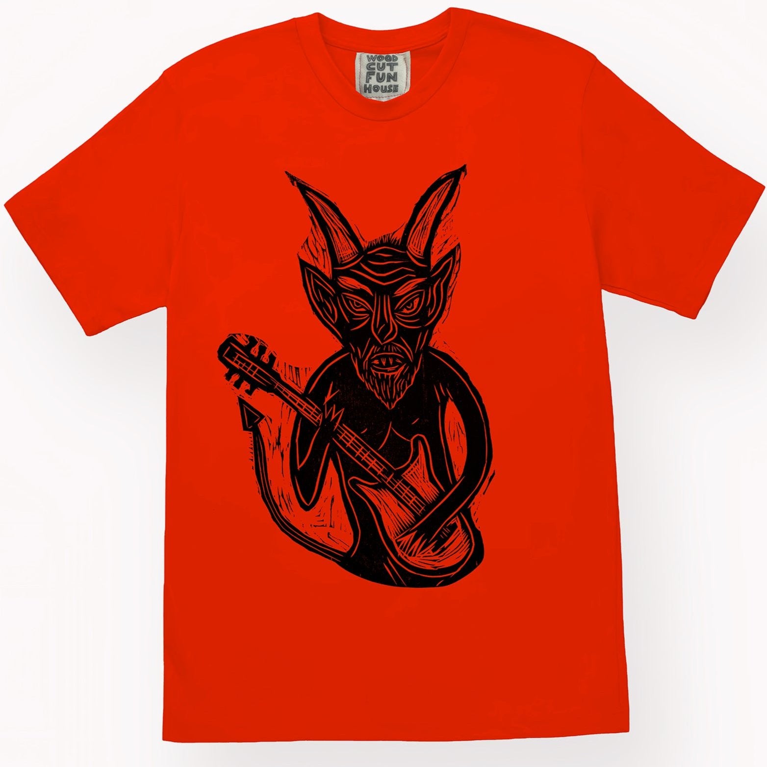 Guitar Devil Woodblock Handprinted T-Shirt – Woodcut Funhouse